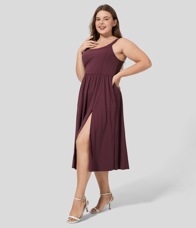 Women’s Backless Twisted Side Pocket Split Midi Casual Plus Size Dress ...