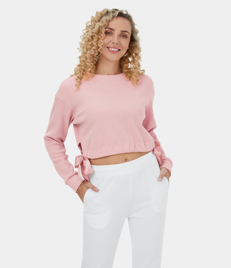 Women’s Waffle Dropped Shoulder Ribbon Tie Side Cropped Casual Cotton ...