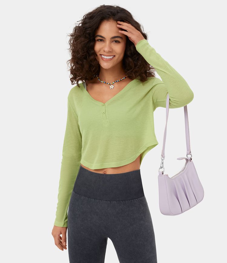 Women’s V Neck Button Long Sleeve Curved Hem Cropped Casual Sports Top ...