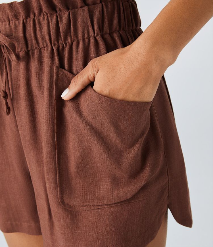 Women’s Mid Rise Paper Bag Waist Drawstring Multiple Pockets Curved Hem ...