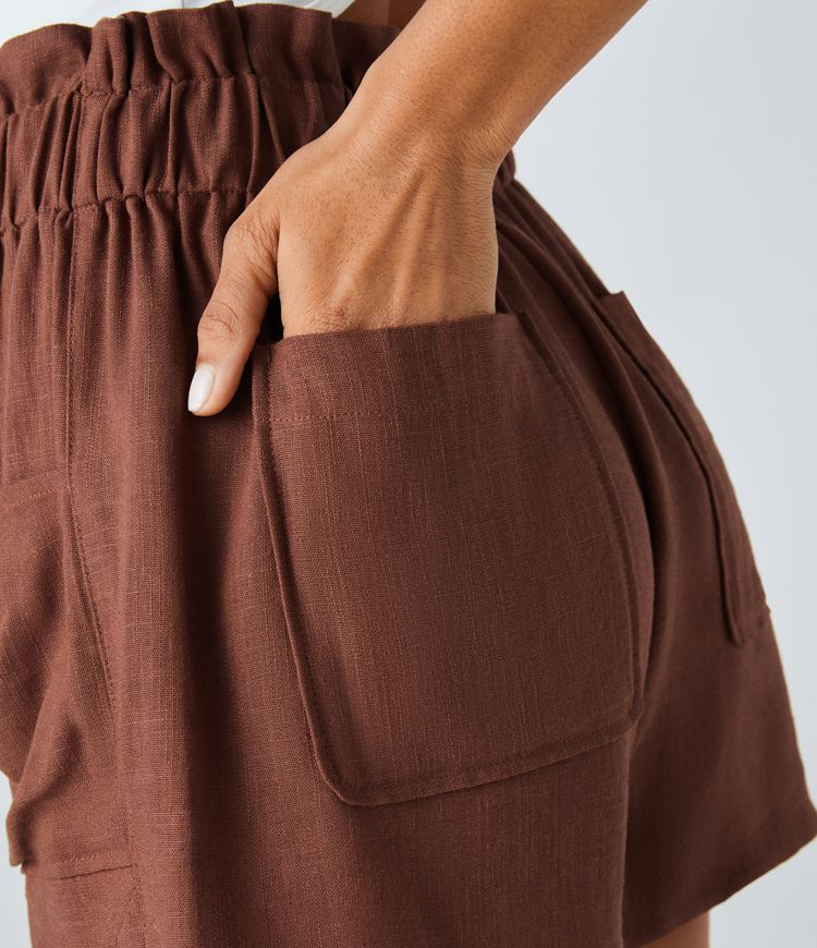 Women’s Mid Rise Paper Bag Waist Drawstring Multiple Pockets Curved Hem ...