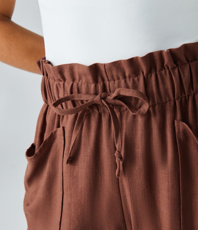 Women’s Mid Rise Paper Bag Waist Drawstring Multiple Pockets Curved Hem ...