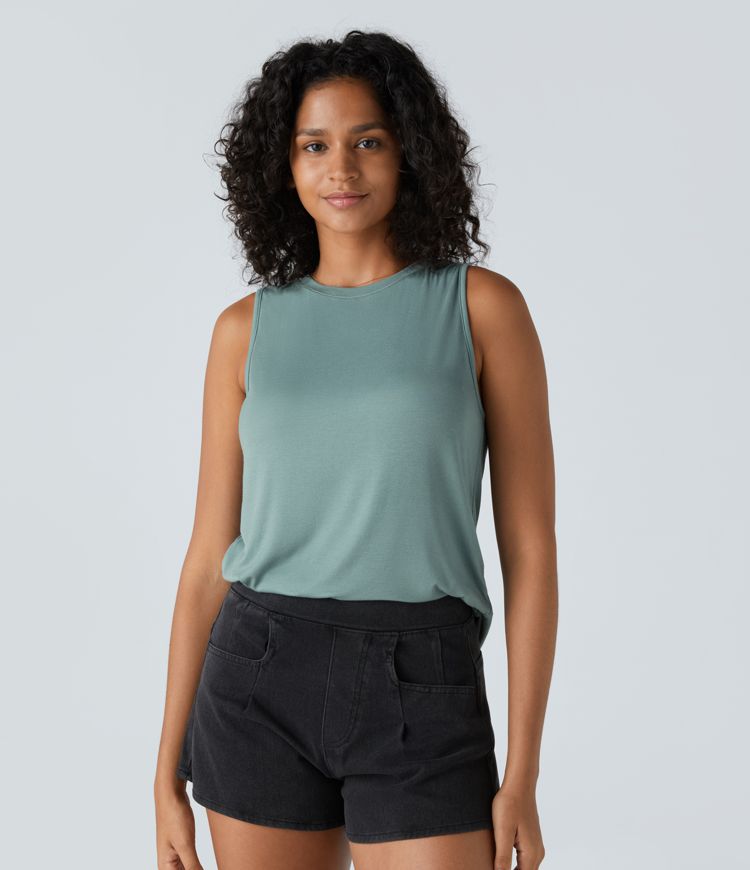 Women’s Ribbed Round Neck Basic Casual Tank Top - Halara