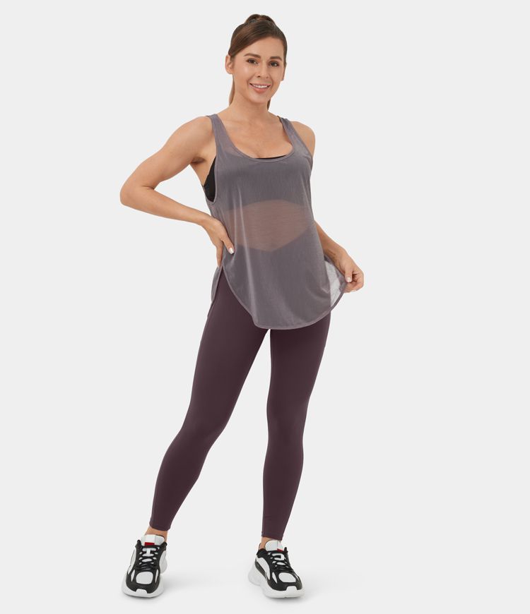 Women’s U Neck Curved Hem Sheer Yoga Tank Top - HALARA