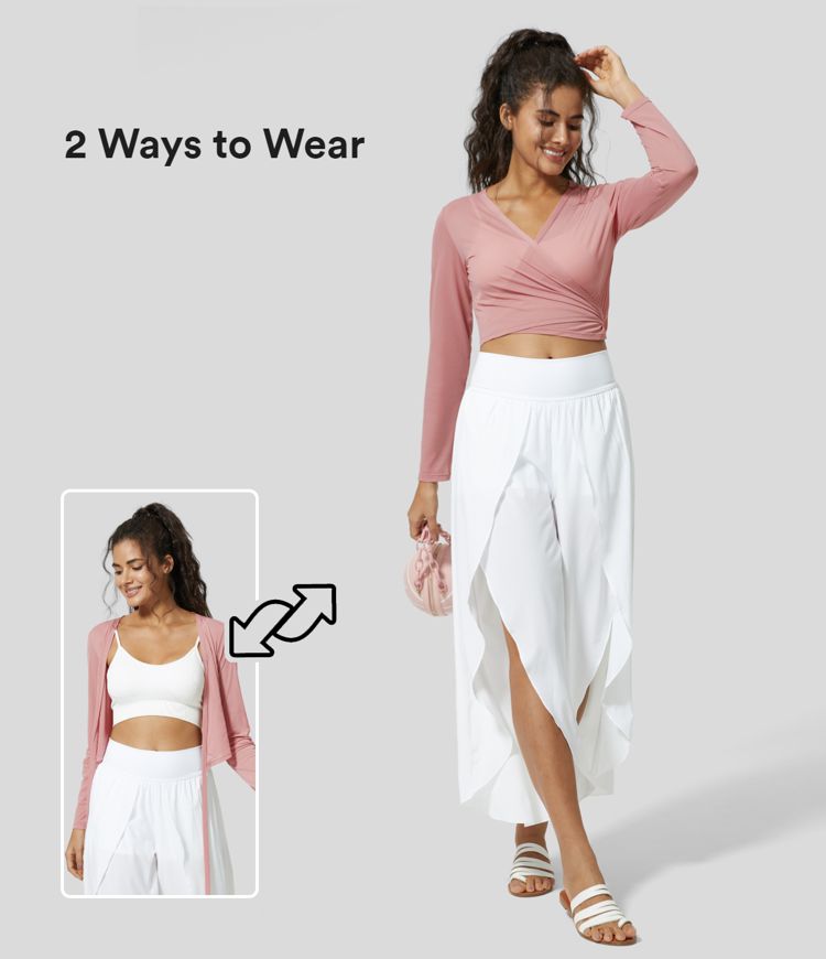 Women’s Sheer V Neck Long Sleeve Tie Back Cropped Yoga Mesh Sports Top ...