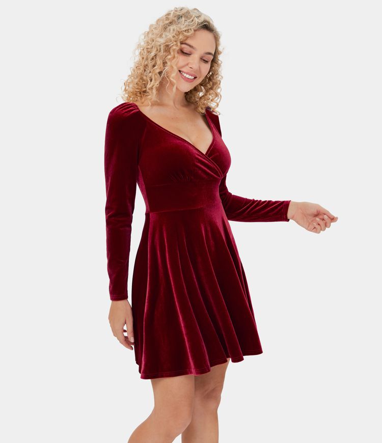 Women’s V Neck Long Sleeve Velvet Mini Flare Casual Dress - Halara