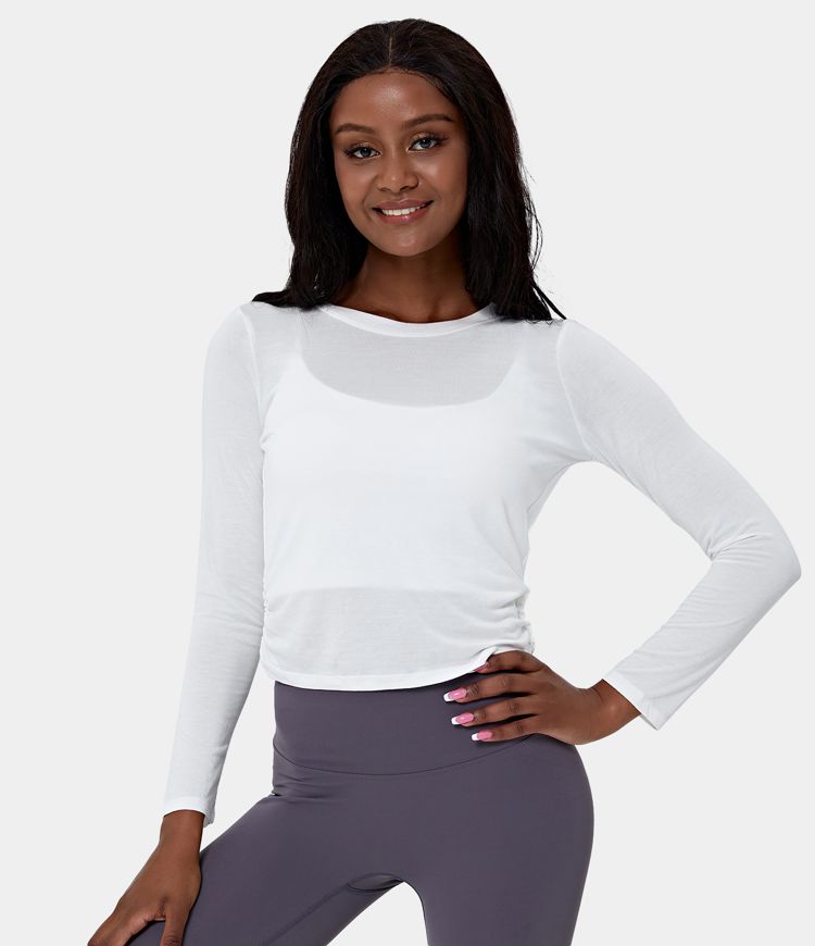 Women’s Sheer Long Sleeve Back Twisted Sports Top-No Tank Top - HALARA