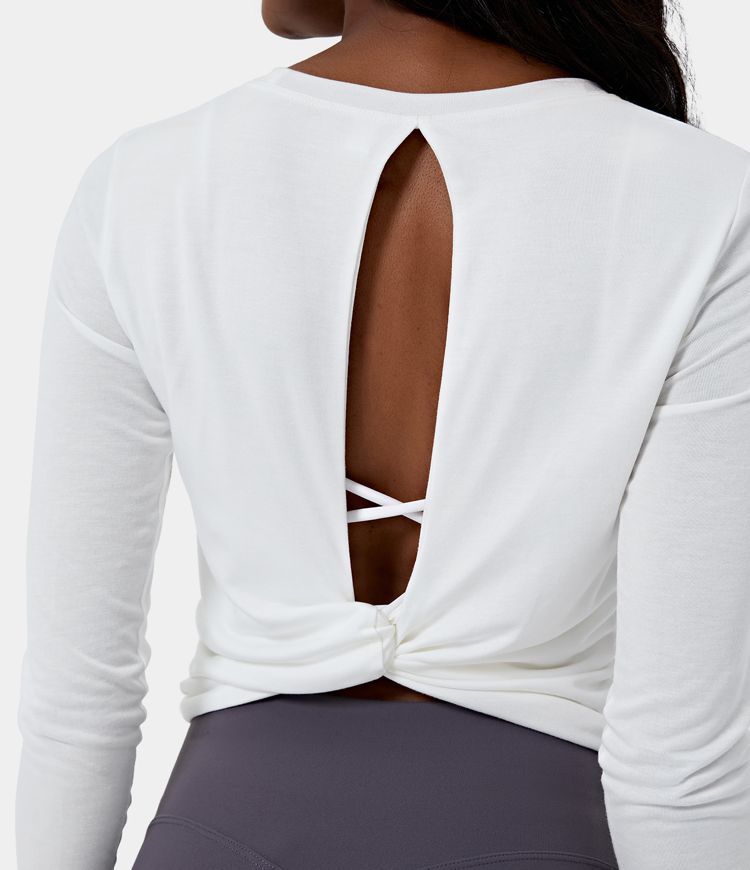 Women’s Sheer Long Sleeve Back Twisted Sports Top-No Tank Top - HALARA