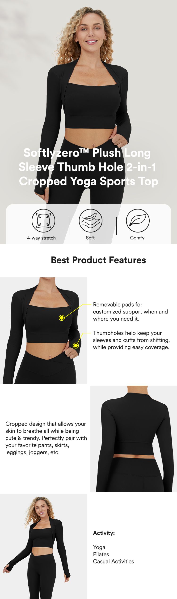Women’s SoftlyZero™ Plush Long Sleeve Thumb Hole 2-in-1 Cropped Yoga ...