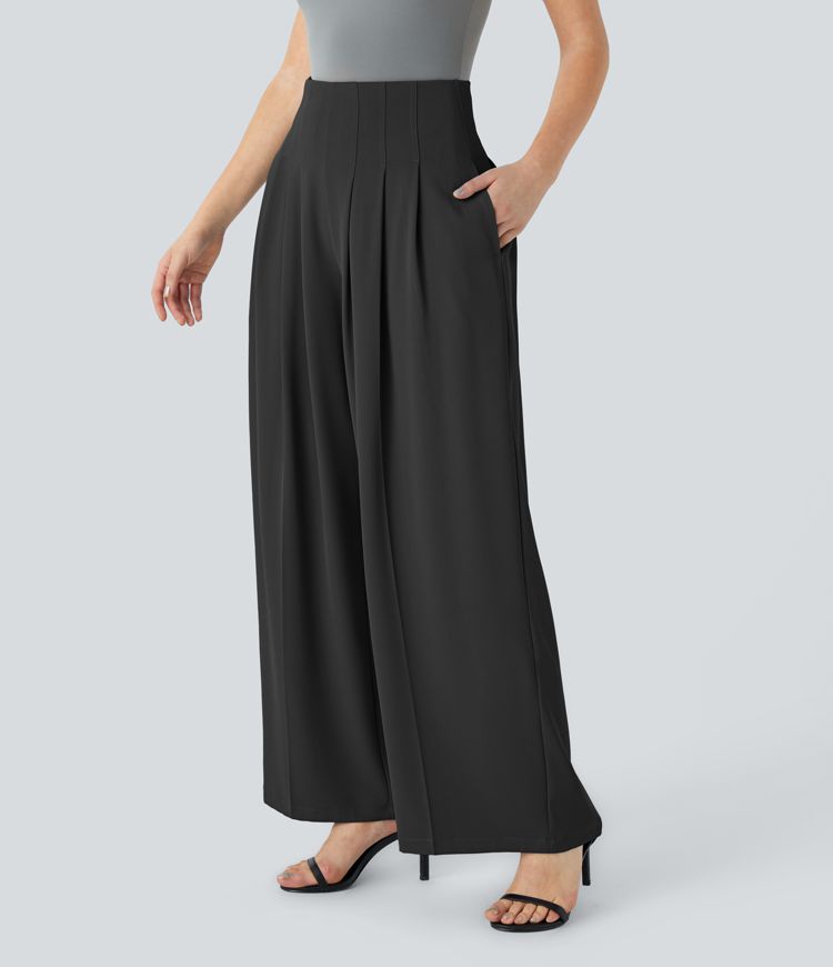 Women’s High Waisted Side Pocket Back Zipper Wide Leg Work Trousers ...