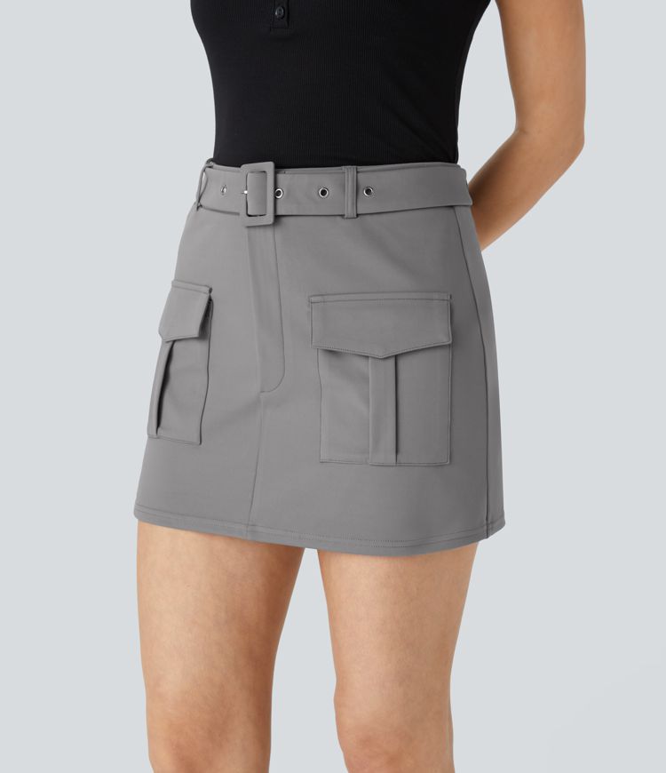 Women’s High Waisted Belted Flap Pocket Mini Casual Cargo Skort - Halara
