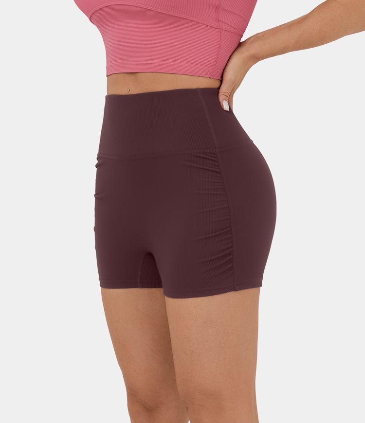 Women's Ribbed High Waisted Ruched Yoga Biker Shorts 3'' - HALARA