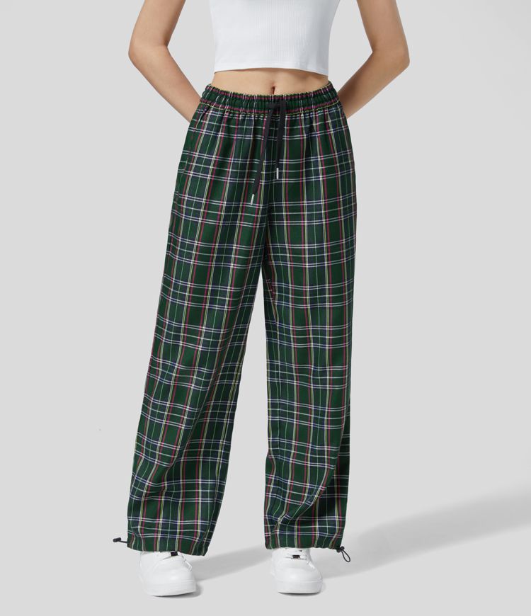 Women’s Mid Rise Drawstring Multiple Pockets Adjustable Drawcord Plaid ...