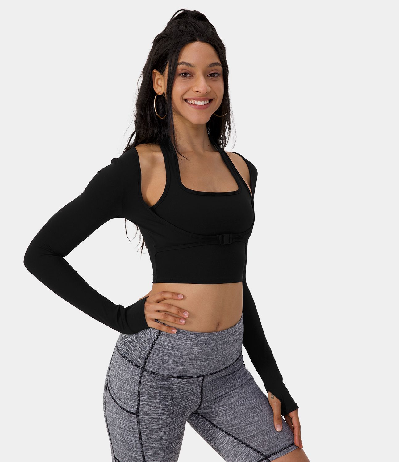 Womens Softlyzero™ Plush Halter Thumb Hole Long Sleeve Cropped 2 In 1