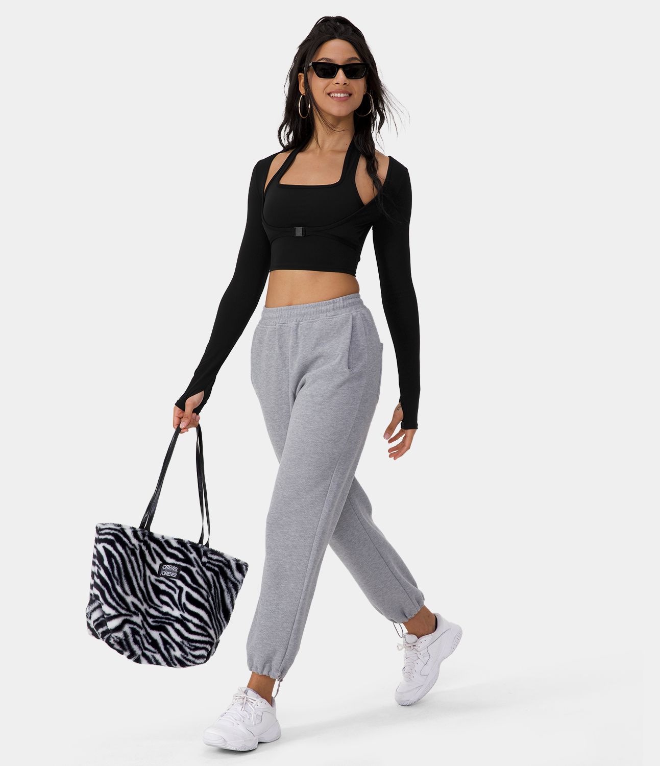 Womens Softlyzero™ Plush Halter Thumb Hole Long Sleeve Cropped 2 In 1