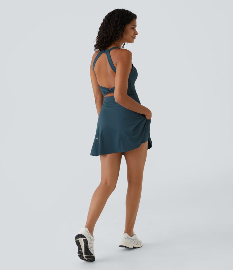 Womens Backless Twisted Flare Mini Dance Active Dress Longer Length