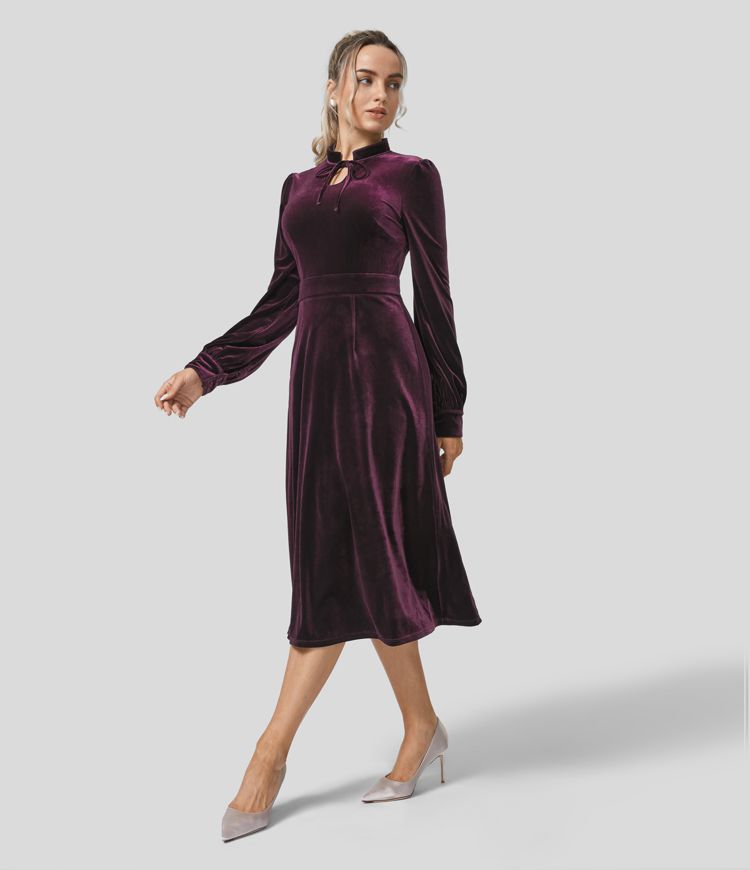 Women’s Stand Collar Tie Front Long Sleeve Side Invisible zipper Midi ...