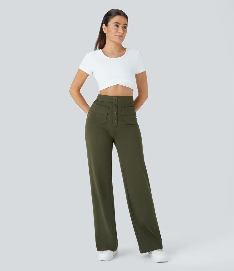Women’s High Waisted Button Multiple Pockets Straight Leg Casual Pants ... Women’s High Waisted Button Multiple Pockets Straight Leg Casual Pants ...