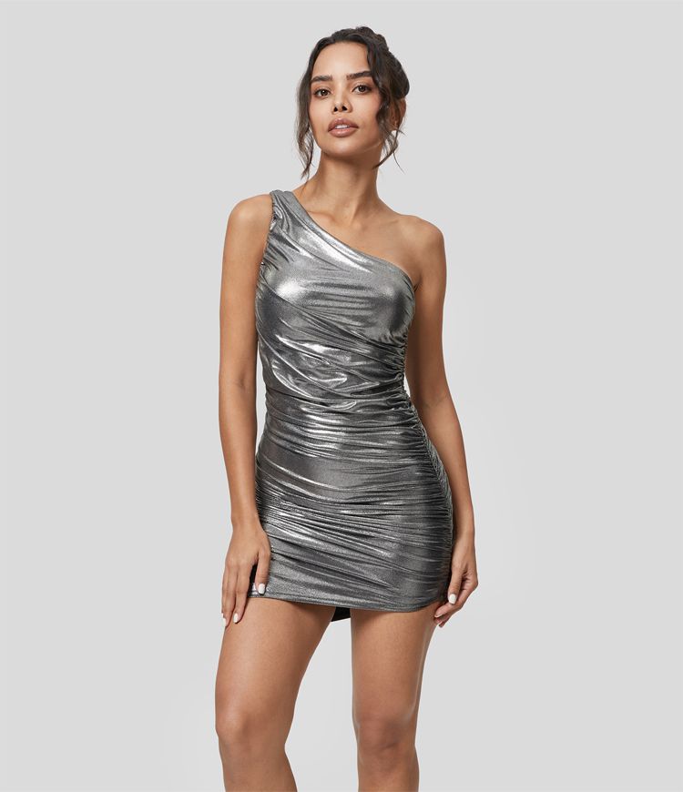 Women’s Softlyzero™ Faux Leather One Shoulder Ruched Bodycon Foil Print ...