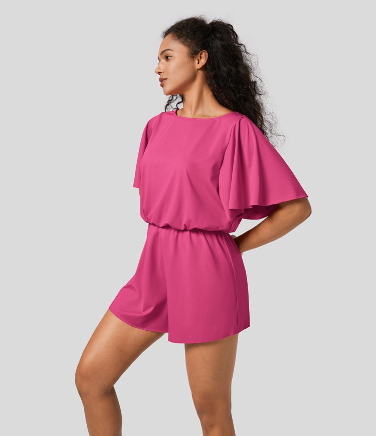 Women’s Backless Ruffle Short Sleeve Dance Romper - Halara