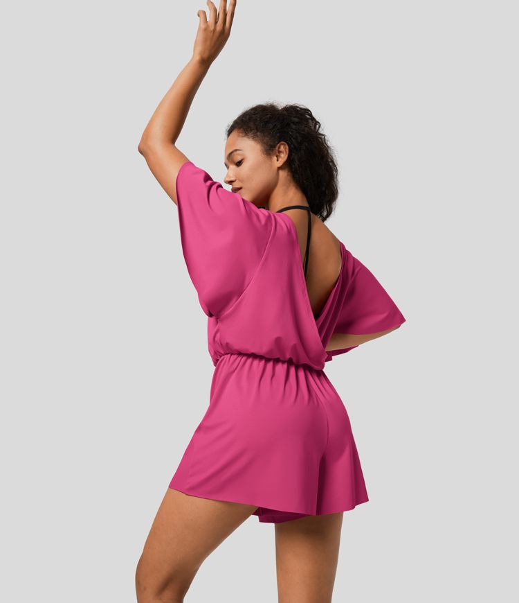 Women’s Backless Ruffle Short Sleeve Dance Romper - Halara