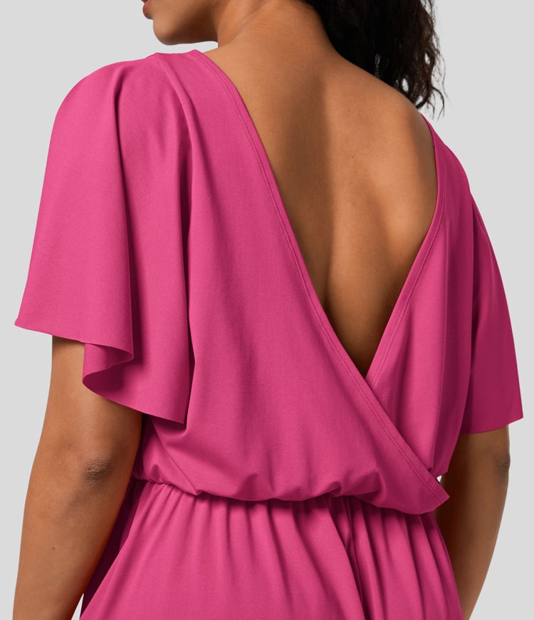 Women’s Backless Ruffle Short Sleeve Dance Romper - Halara