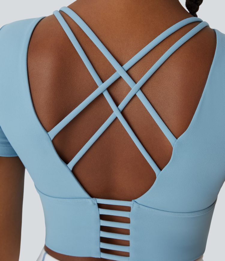 Women’s Round Neck Short Sleeve Backless Crisscross Cropped Sports Top ...