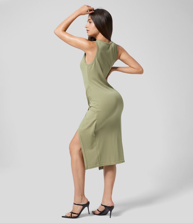 Women’s Sleeveless Twisted Split Hem Bodycon Midi Casual Dress - Halara