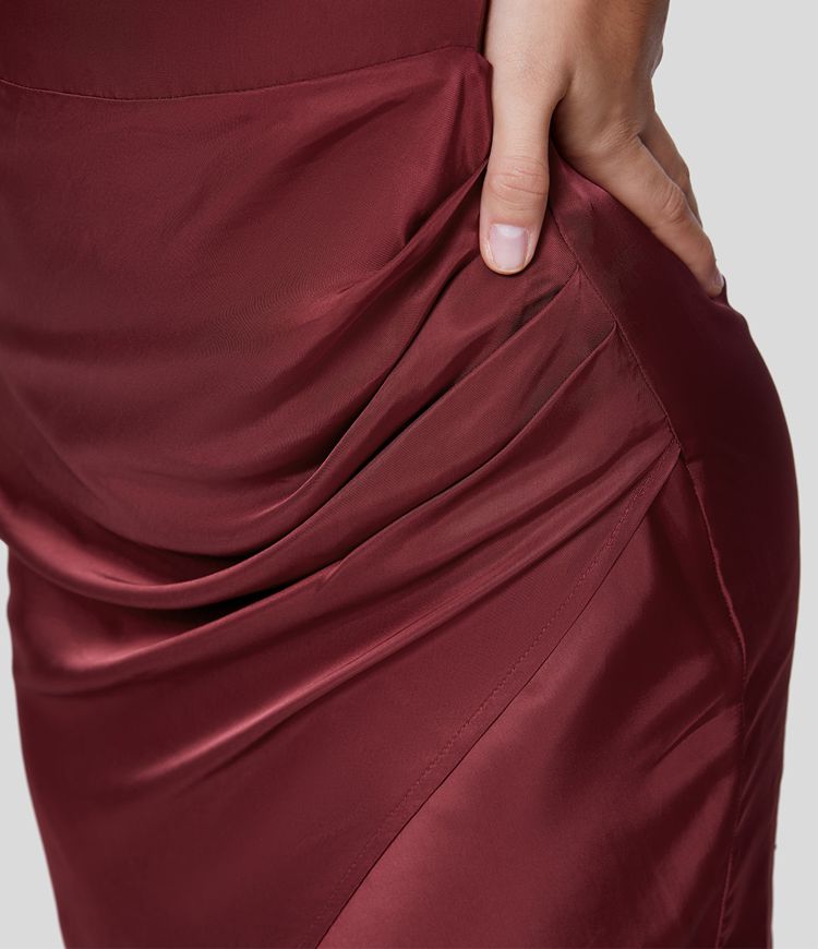 Women’s Backless Lace Up Ruched Tulip Hem Mini Satin-Like Party Slip ...