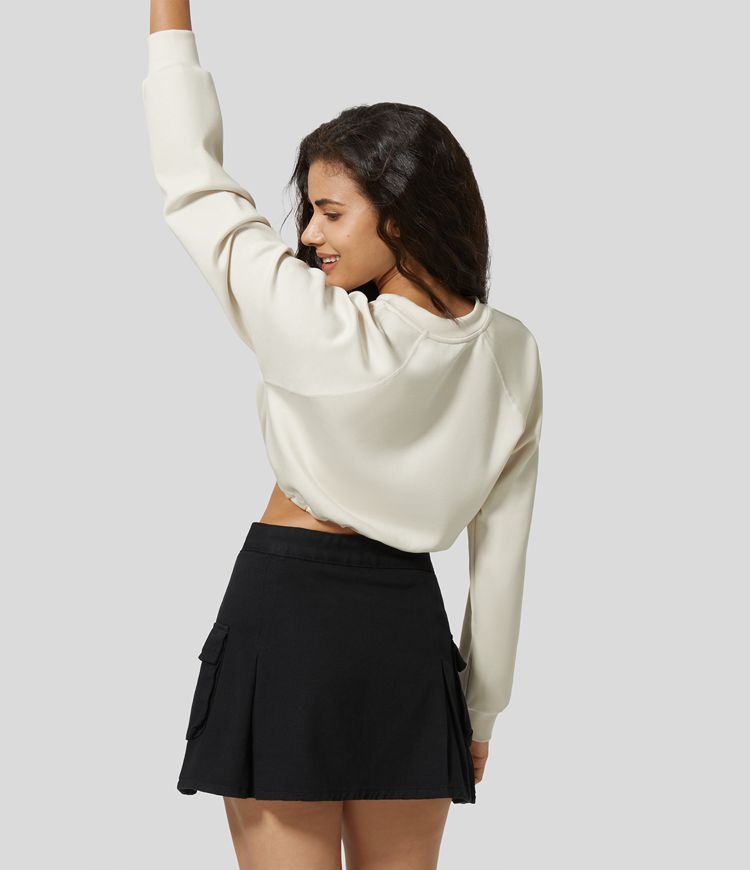 Women’s Round Neck Raglan Sleeve Adjustable Drawstring Hem Cropped ...