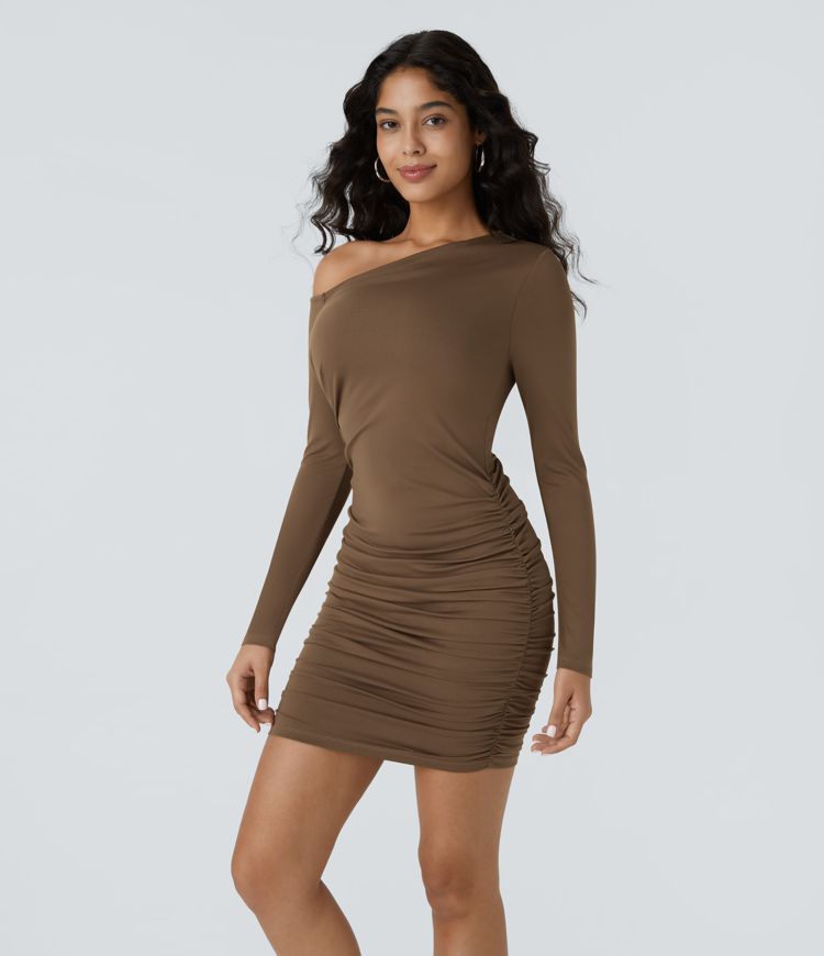 Women’s Off Shoulder Long Sleeve Ruched Bodycon Mini Party Dress - Halara