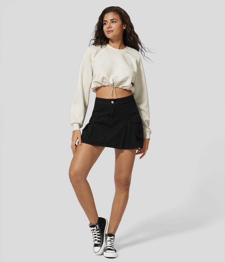 Women’s Round Neck Raglan Sleeve Adjustable Drawstring Hem Cropped ...