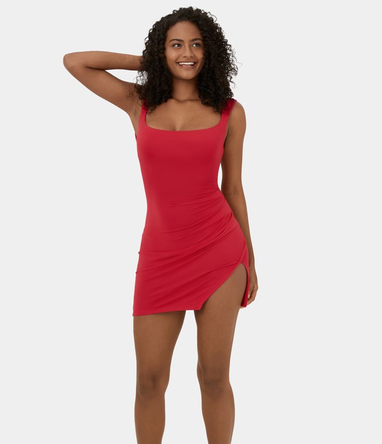 Women’s Ruched Backless Tie Back Split Hem Bodycon Mini Casual Dress ...