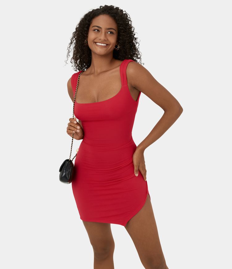 Women’s Ruched Backless Tie Back Split Hem Bodycon Mini Casual Dress ...