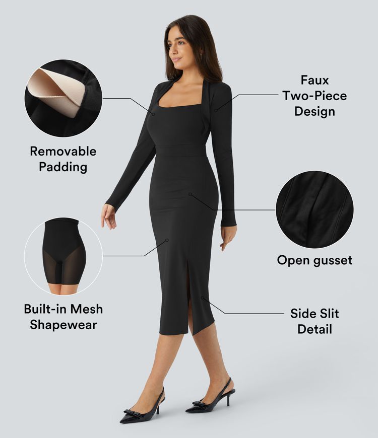 Women’s Long Sleeve Bodycon Built-in Mesh Shapewear Midi Dress - Halara