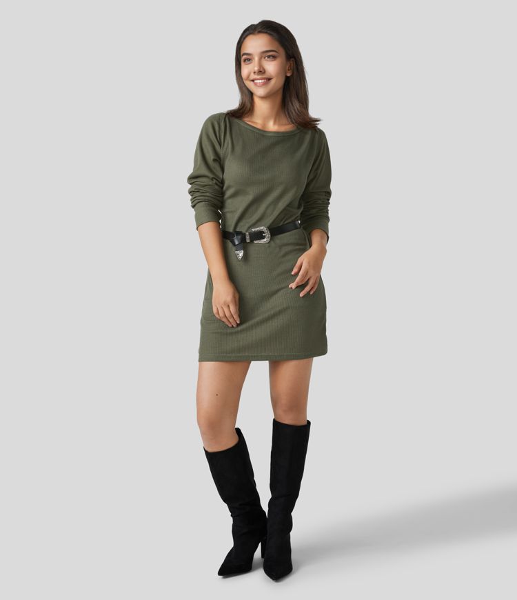 Womens Boat Neck Raglan Sleeve Thumb Hole Split Hem Waffle Casual