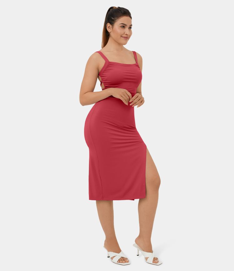 Womens Ruched Backless Crisscross Lace Up Split Bodycon Midi Casual
