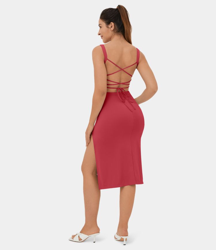 Womens Ruched Backless Crisscross Lace Up Split Bodycon Midi Casual