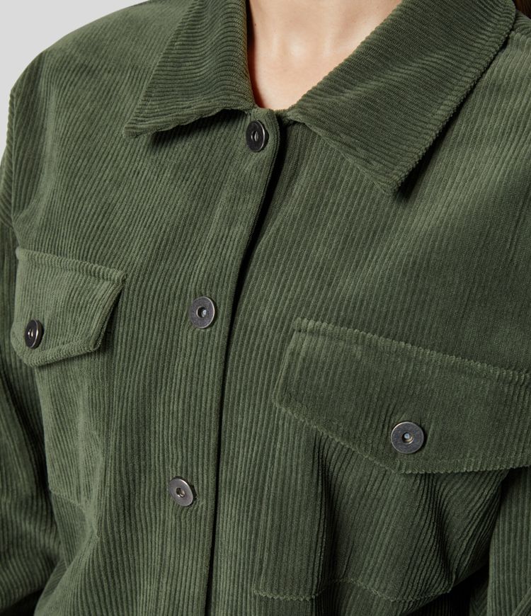 Women’s Collared Button Pocket Long sleeve Curved Hem Corduroy Casual ...