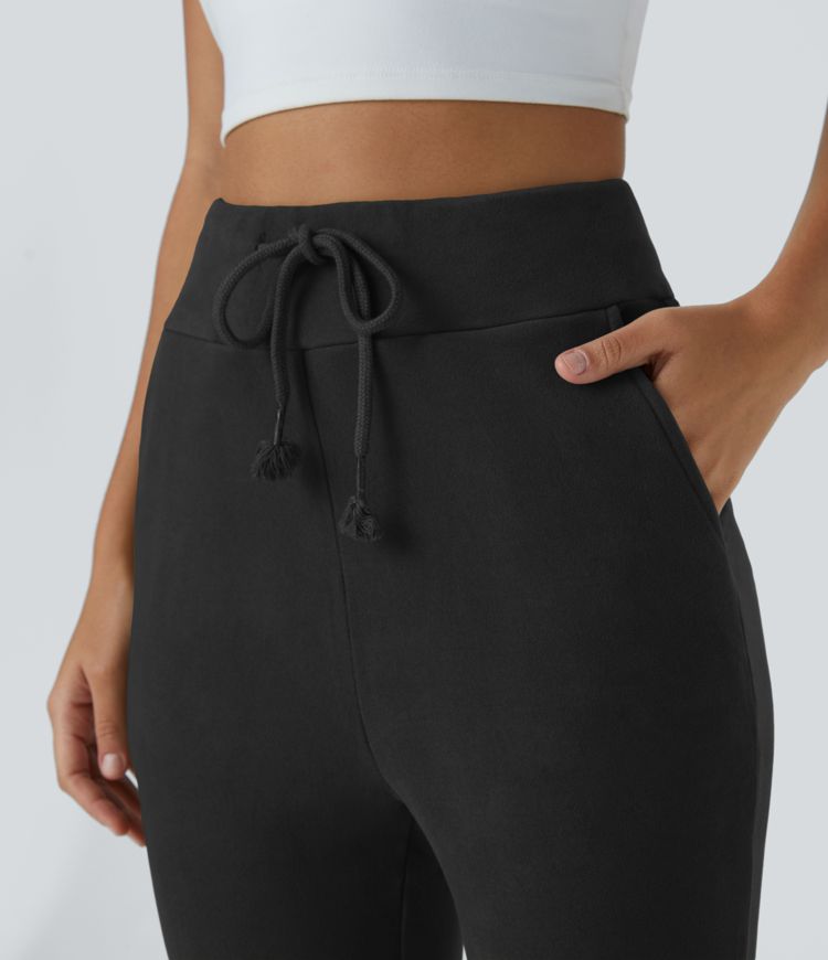 Wholesale High Waisted Drawstring Pocket Plain Flare Long Pants | Halara