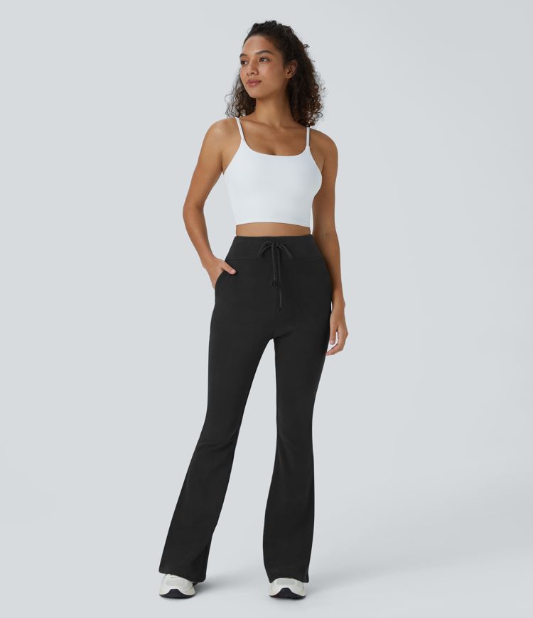 Wholesale High Waisted Drawstring Pocket Plain Flare Long Pants | Halara