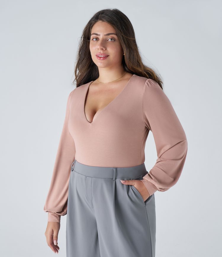 Wholesale V Neck Long Sleeve Button Work Plus Size Bodysuit | Halara