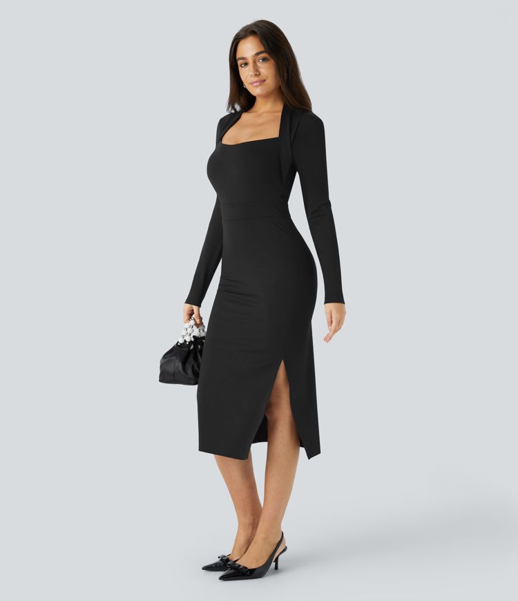 Women’s Long Sleeve Bodycon Built-in Mesh Shapewear Midi Dress - Halara