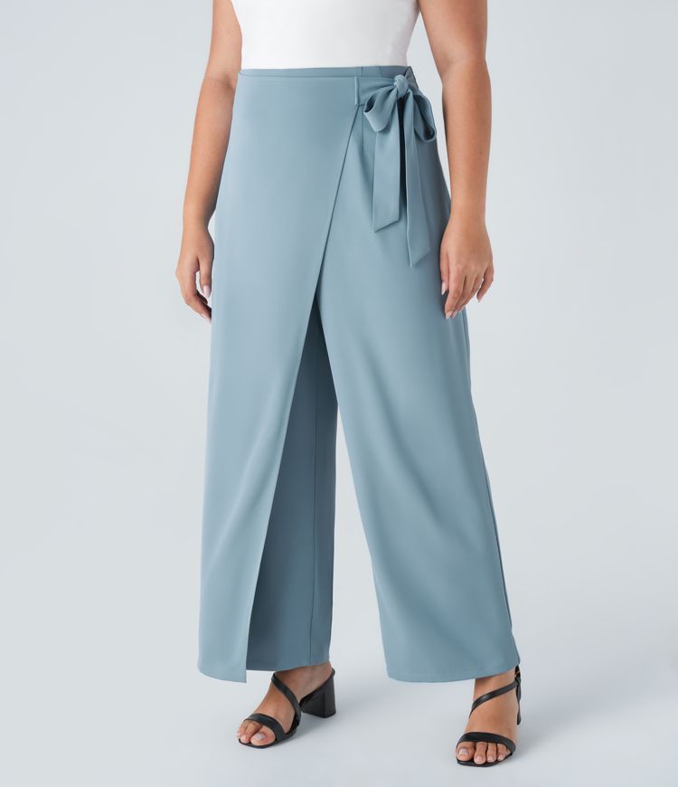 Women’s High Waisted Tie Side Invisible Zipper Wide Leg Work Plus Size ...