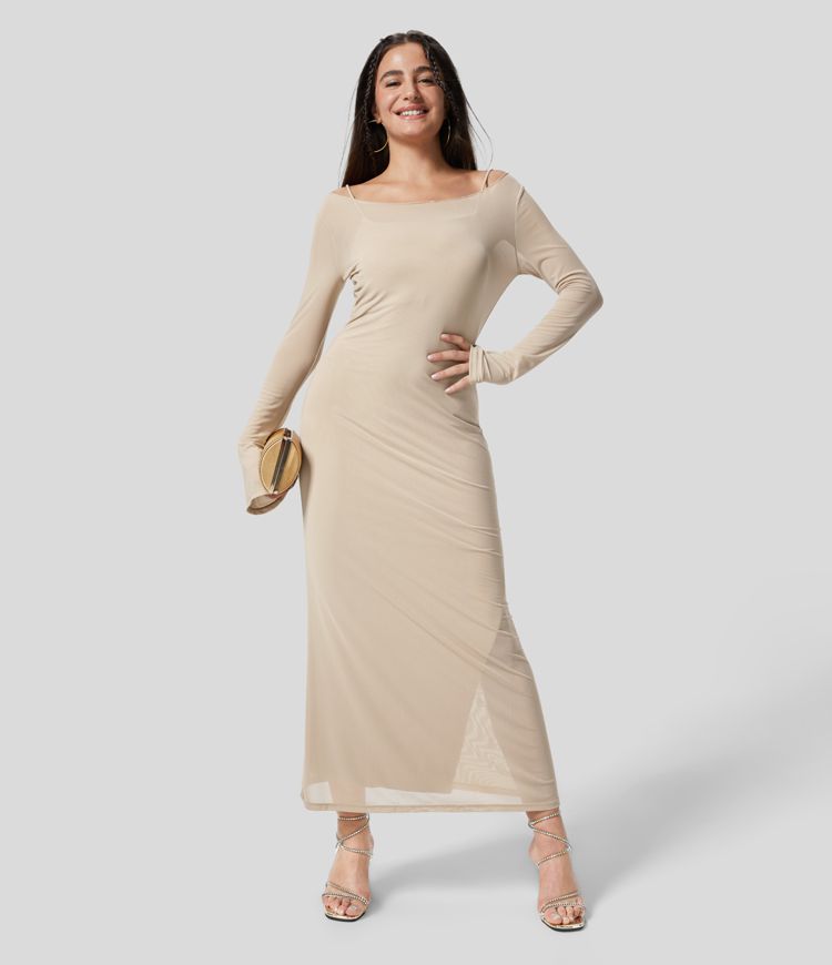 Women’s Sheer Pagoda Sleeve Split Bodycon 2-Piece Maxi Party Dress - HALARA