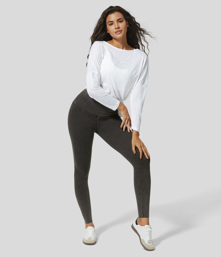 Women’s Round Neck Dropped Shoulder Split Hem Jacquard Yoga Sports Top ...