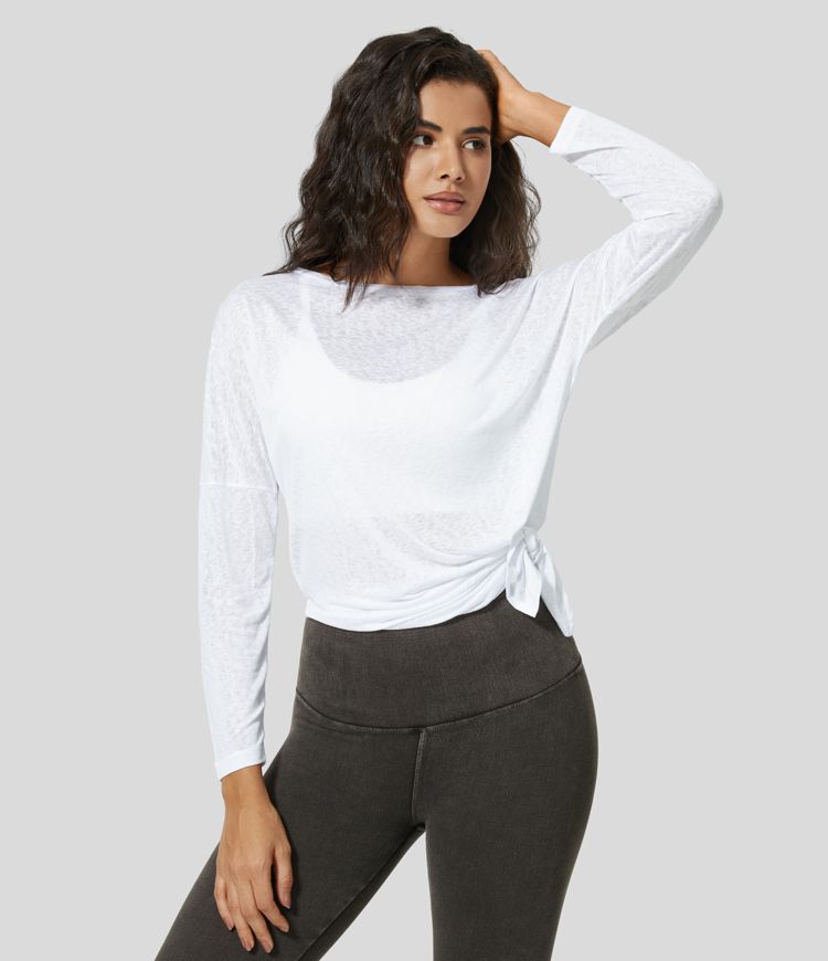 Women’s Round Neck Dropped Shoulder Split Hem Jacquard Yoga Sports Top ...