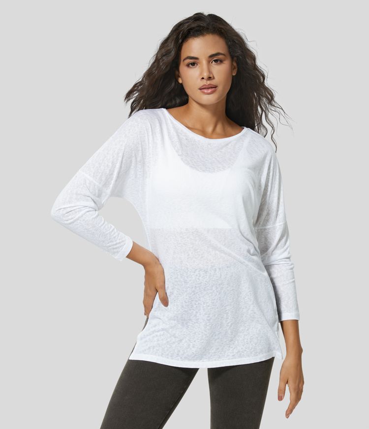 Women’s Round Neck Dropped Shoulder Split Hem Jacquard Yoga Sports Top ...