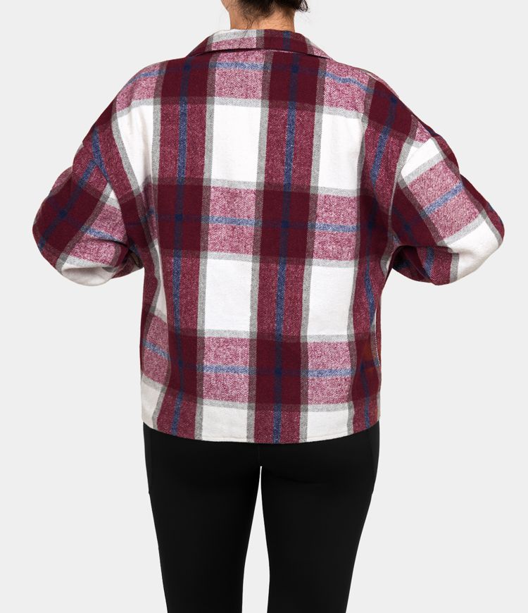 Women’s Collared Button Side Pocket Plaid Fleece Casual Jacket - Halara