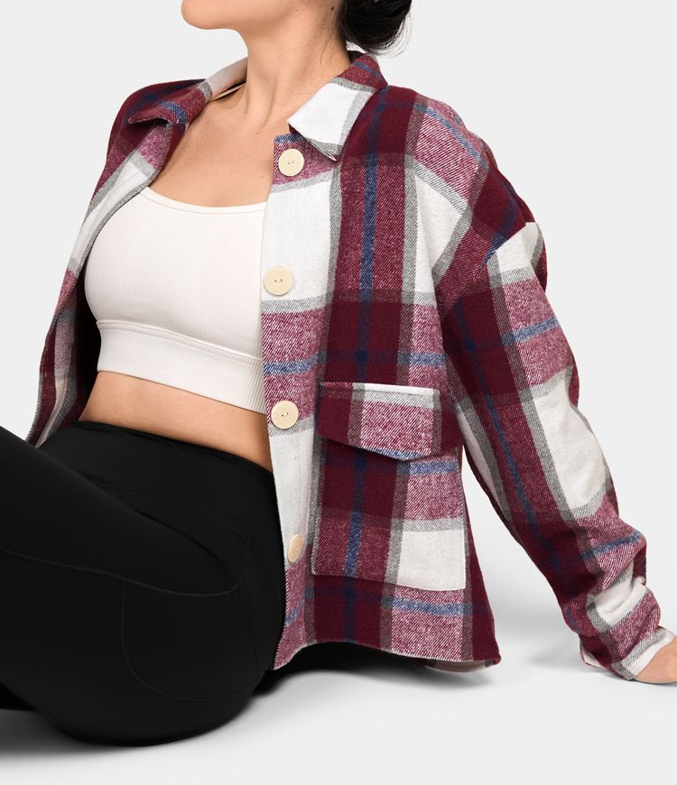 Women’s Collared Button Side Pocket Plaid Fleece Casual Jacket - Halara